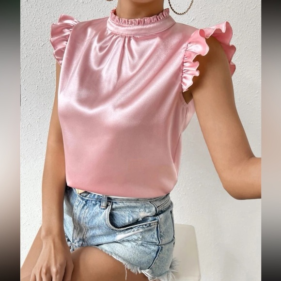 Tops | Luxe Ruffle Hem Frill Neck Satin Top | Poshmark
